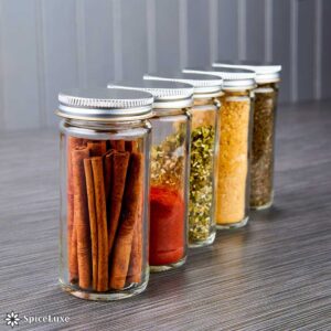 SpiceLuxe 12 Premium Round Glass Spice Bottles, Premium Jars with Silver Metal Lids, Shaker Tops, and Blank Labels