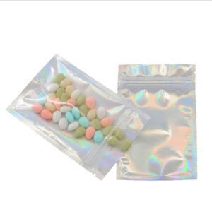 100Pcs Clear Front Glitter Holographic Zip Lock Bags Iridescent Pouches Food Packing Packaging Pouches Bags Storage Pouches Bags Silver 3.3x5.1in (8.5x13cm)