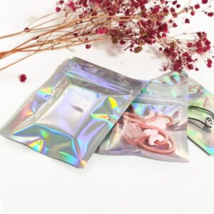 100Pcs Clear Front Glitter Holographic Zip Lock Bags Iridescent Pouches Food Packing Packaging Pouches Bags Storage Pouches Bags Silver 3.3x5.1in (8.5x13cm)