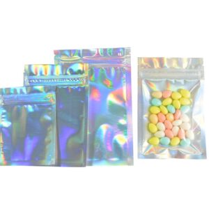 100Pcs Clear Front Glitter Holographic Zip Lock Bags Iridescent Pouches Food Packing Packaging Pouches Bags Storage Pouches Bags Silver 3.3x5.1in (8.5x13cm)