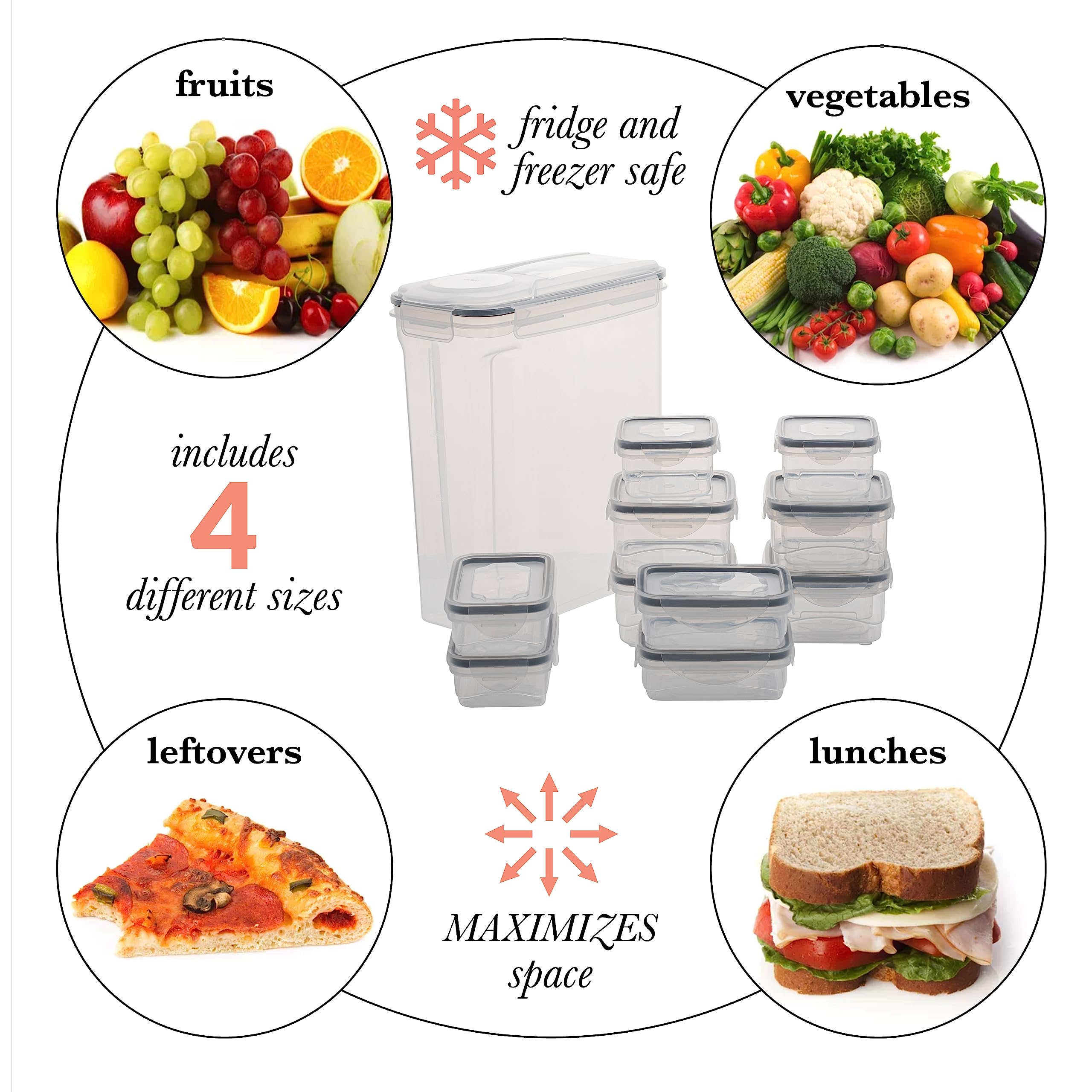 Kitchen Details 26 Piece Food Storage Container Set | 13 Containers and 13 Lids | Airtight | Stackable | BPA Free | Microwave | Dishwasher | Freezer Safe | 5.9L | 402ml | 236ml | 6.4oz | Grey