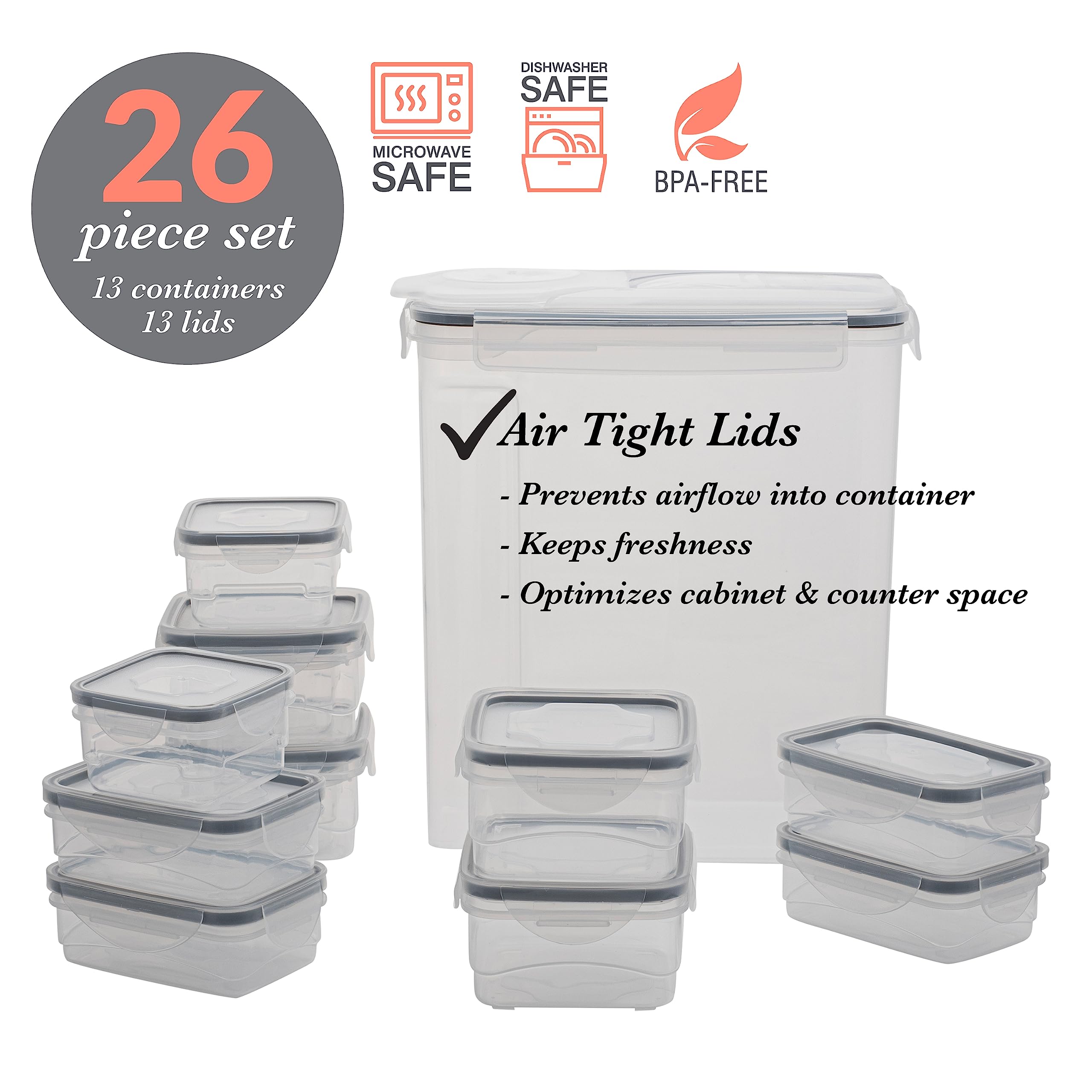 Kitchen Details 26 Piece Food Storage Container Set | 13 Containers and 13 Lids | Airtight | Stackable | BPA Free | Microwave | Dishwasher | Freezer Safe | 5.9L | 402ml | 236ml | 6.4oz | Grey