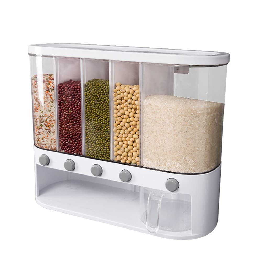 DAOGUAN Rice Dispenser 5-Grid Wall Mounted Dry Food Storage Container Grain Storage Tank 12L Food Dispenser Rice Bucket with Lid Kitchen Container for Rice Grain Nuts Beans,White,155736Y87TKPHCRM9