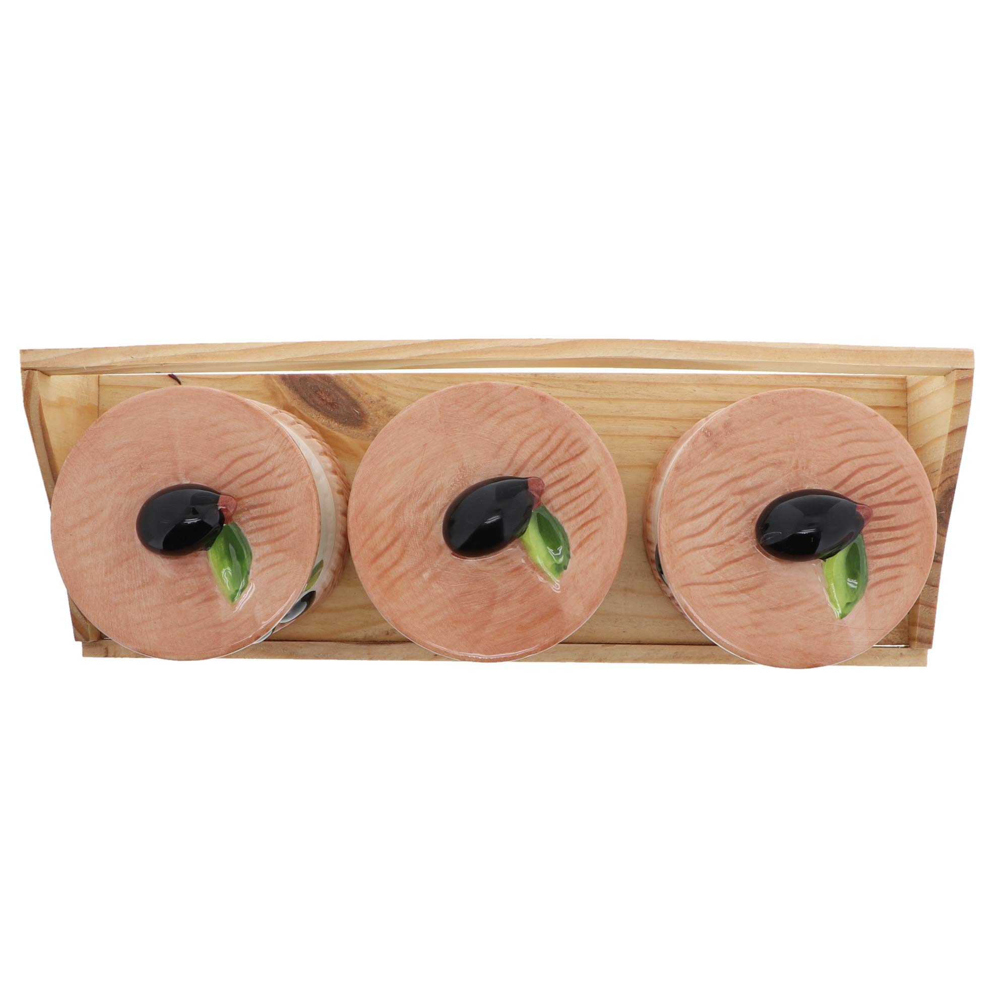 Wooden Stand with Three Ceramic Pots - Olive