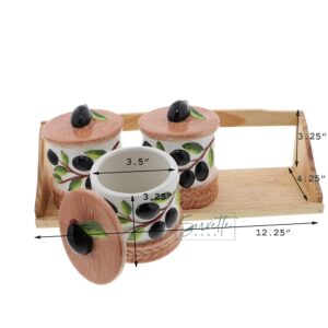 Wooden Stand with Three Ceramic Pots - Olive