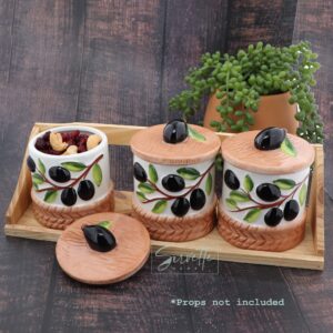 Wooden Stand with Three Ceramic Pots - Olive