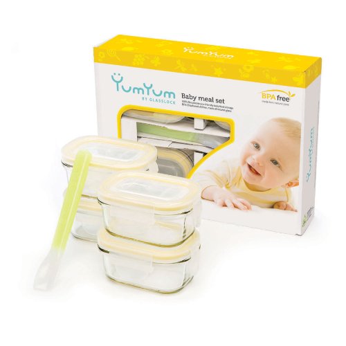 Glasslock 9pcs Set Yum Yum Eco Friendly Airtight Spill Proof Baby Meal Food Storage Container with Silicon Spoon 150ml, Safely Freeze your Homemade Baby Food