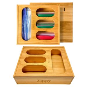 zippy bamboo ziplock bag organizer for drawer – 4 labeled compartment bamboo kitchen food storage plastic bag organizer holders, gallon quart snack sandwich and slider storage bag organizer