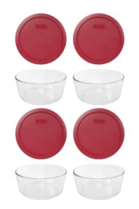 pyrex (4 7203 7 cup glass dishes & (4) 7402-pc 6/7 cup berry red lids made in the usa