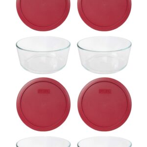 Pyrex (4 7203 7 Cup Glass Dishes & (4) 7402-PC 6/7 Cup Berry Red Lids Made in the USA