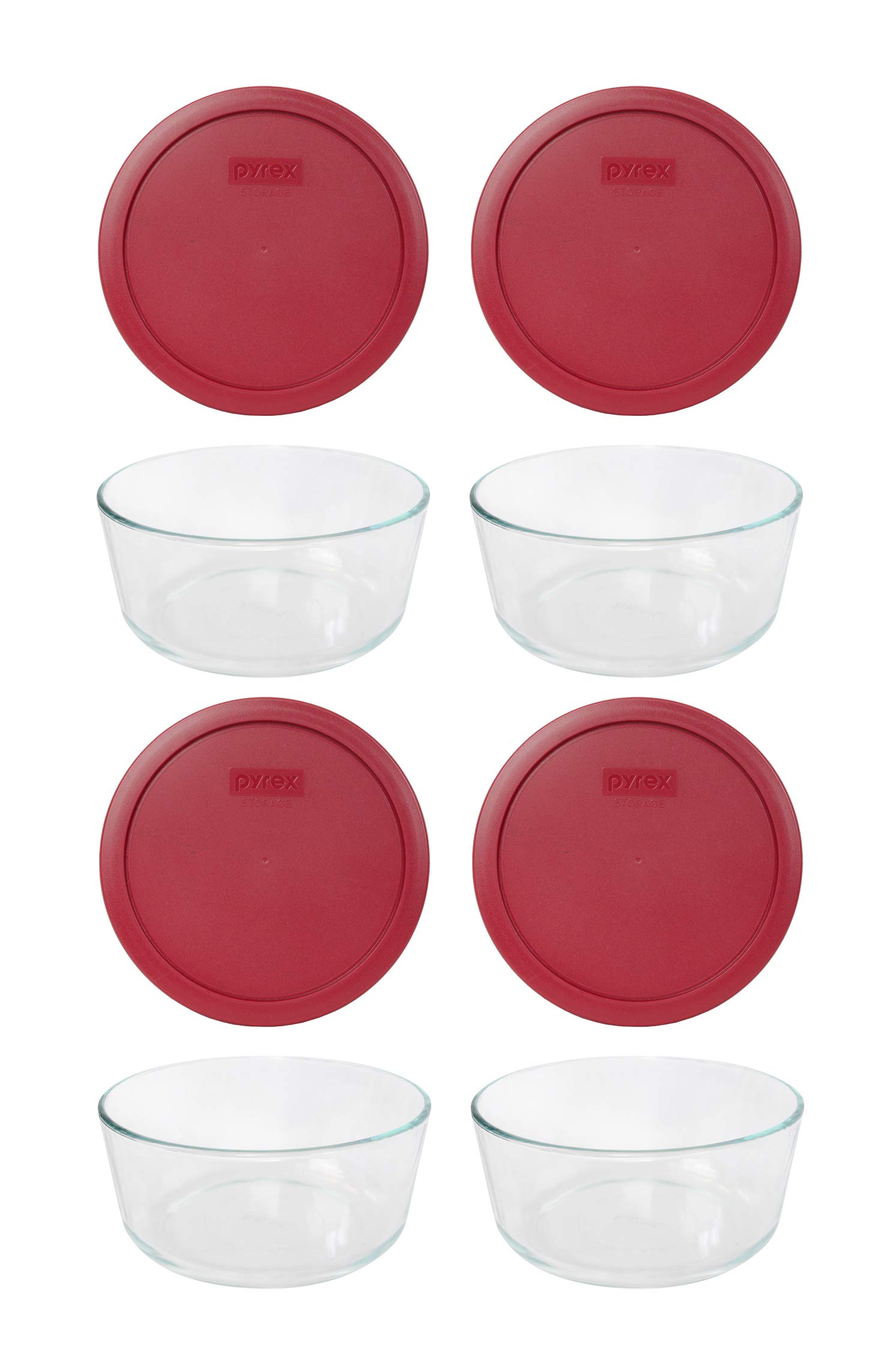 Pyrex (4 7203 7 Cup Glass Dishes & (4) 7402-PC 6/7 Cup Berry Red Lids Made in the USA