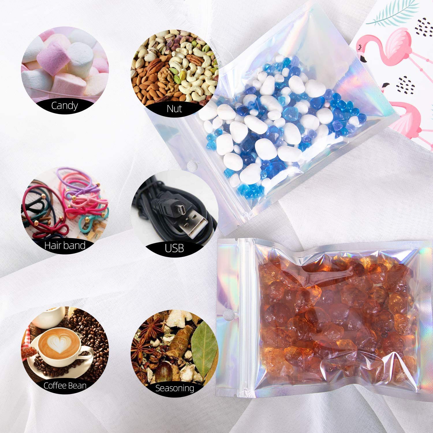 100 Pack Holographic Mylar Bags Smell Proof Resealable Pouch Bag Aluminum Foil Packaging Clear Front Ziplock Bag 2.8 x 3.9 inch for Food Jewelry