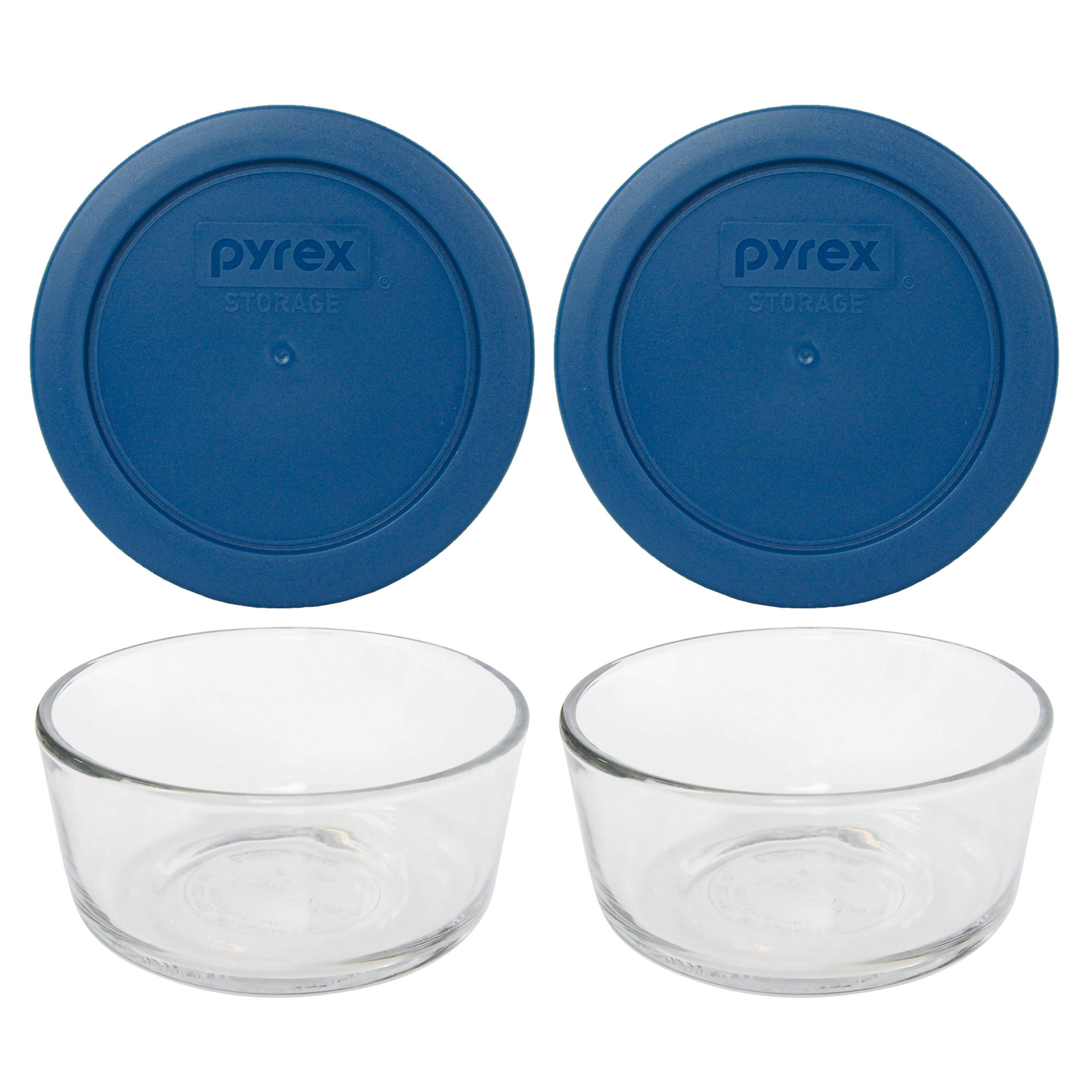 Pyrex (2 7200 2 cup Glass Dishes & (2) 7200-PC 2 Cup Blue Spruce Lids Made in the USA