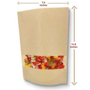 All Day Gourmet 100 pcs Kraft One Pound Stand Up Pouches, Ziplock Bags with Transparent Window, Reusable, ReSealable Tab Lock Brown Window Cookie Coffee Treat Bags-7.0X11.8 inches, ADGW1POUND