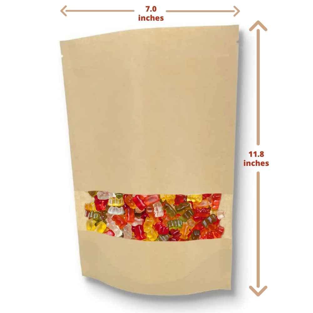 All Day Gourmet 100 pcs Kraft One Pound Stand Up Pouches, Ziplock Bags with Transparent Window, Reusable, ReSealable Tab Lock Brown Window Cookie Coffee Treat Bags-7.0X11.8 inches, ADGW1POUND