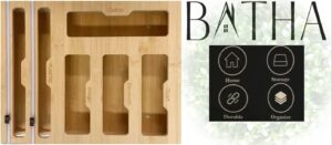 batha 6 in 1 bamboo ziplock bag storage organizer with foil and plastic wrap dispenser with cutter, bamboo, bag organizer, 12" roll plastic wrap, foil…