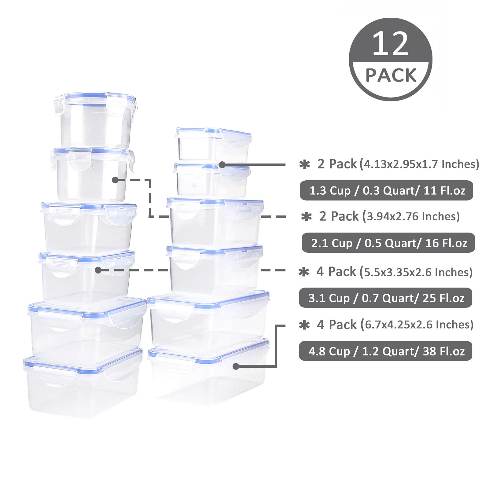 Tauno Clear Food Storage Containers with Lids, BPA Free Plastic Food Containers, Reusable Meal Prep Containers Food Containers for Lunch Boxes, 38 Cup /10 Quart Total, 12 Pack