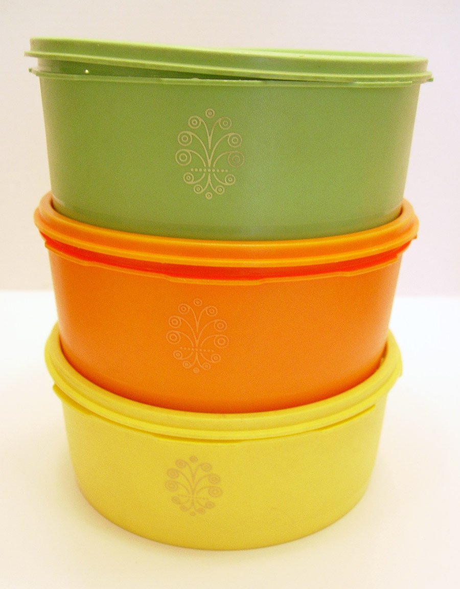 Vintage Tupperware Servalier 6 Piece Stacking Canister Set Orange Yellow Green 8 Cups