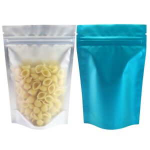 qq studio single-sided matte metallized foil stand up packaging bags with resealable for dry pasta products (frosted front & matte blue, 10x15cm (3.9x5.9"))