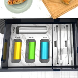 Acrylic Kitchen Drawer Organizer with Marble Design for Ziplock Bags of Various Sizes - Compatible with Gallon, Quart, Sandwich, and Snack Bags (1 Box with 4 Slots)