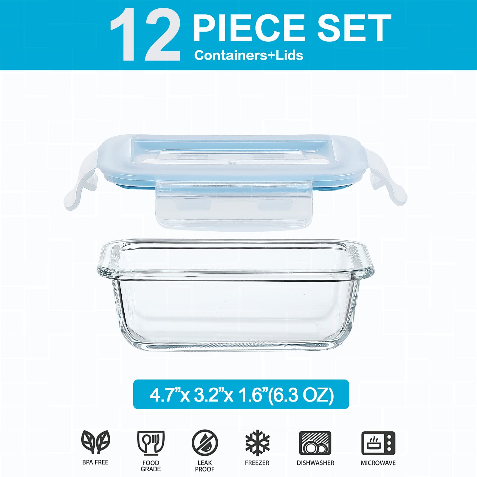 M MCIRCO [12-Pack, 6.3oz] Small Glass Food Storage Containers, Small Glass Containers with Lids, Small Glass Jars for Snacks, Dips, Sauces, BPA Free, Freezer, Microwave & Dishwasher Friendly, Blue