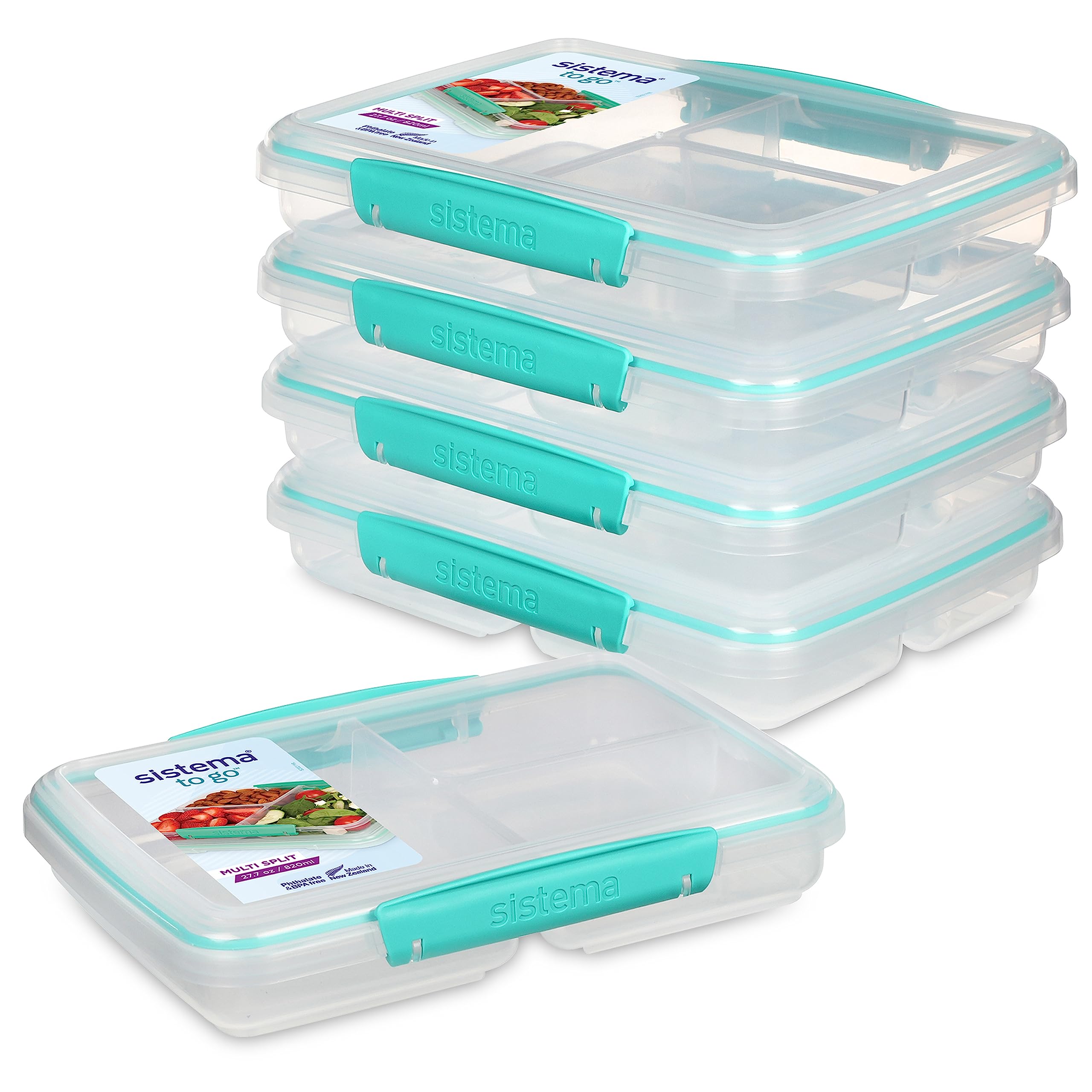 Sistema 5-Piece Food Storage Containers with 3 Compartments and Lids for Meal Prep, Dishwasher Safe, 11.8oz, Clear/Green, Pack of 5