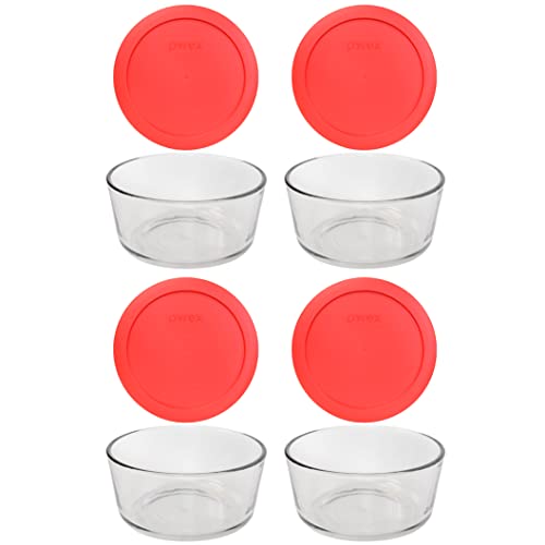 Pyrex Storage 4-Cup Round Dish with Red Plastic Cover, Clear (Case of 4 Containers), 4 pack