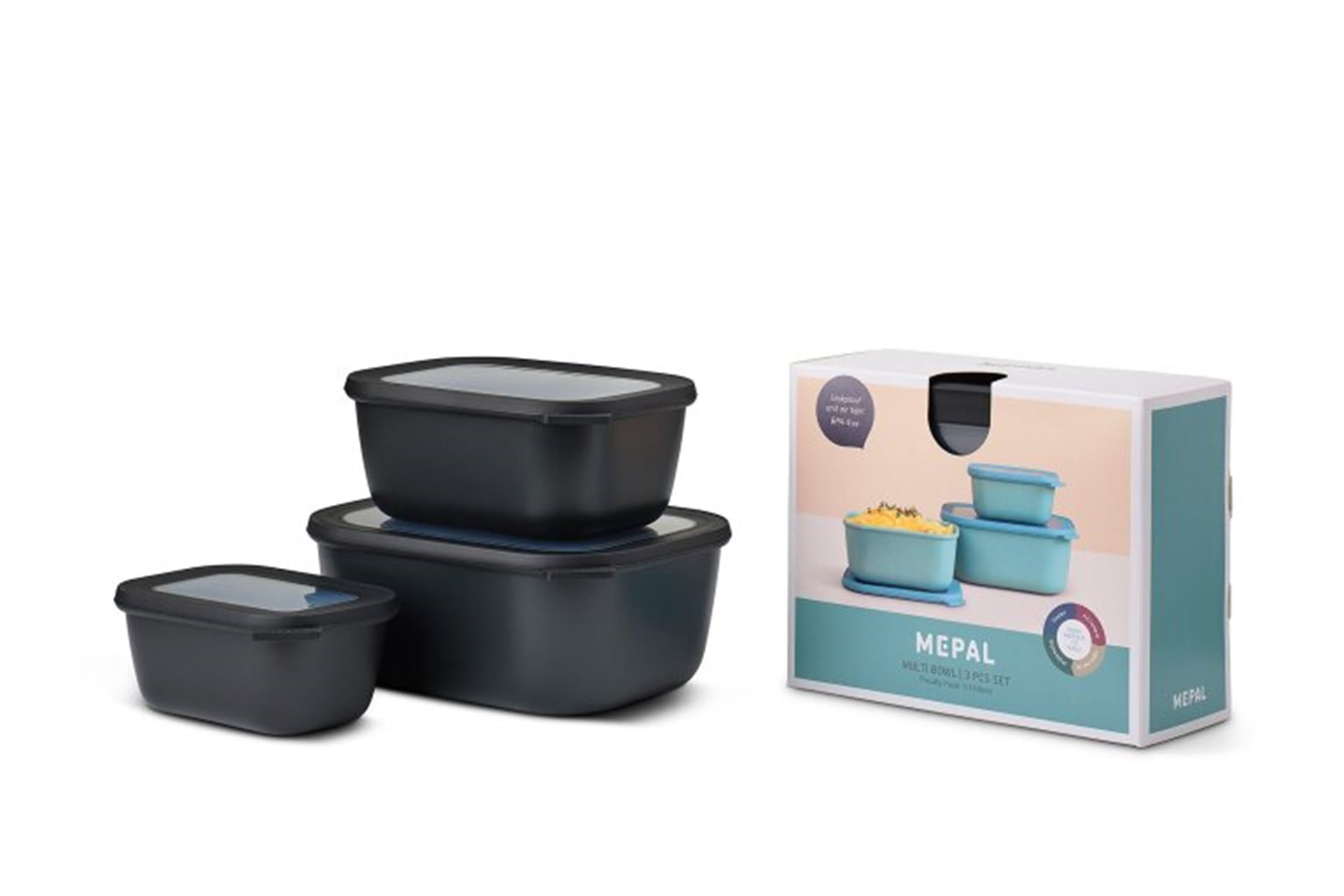 Mepal – Multi bowl Cirqula 3-piece set Nordic black – 750, 1500, 3000 ml – Food storage containers with lid – Airtight storage box for fridge & freezer, microwave container & serveable dish