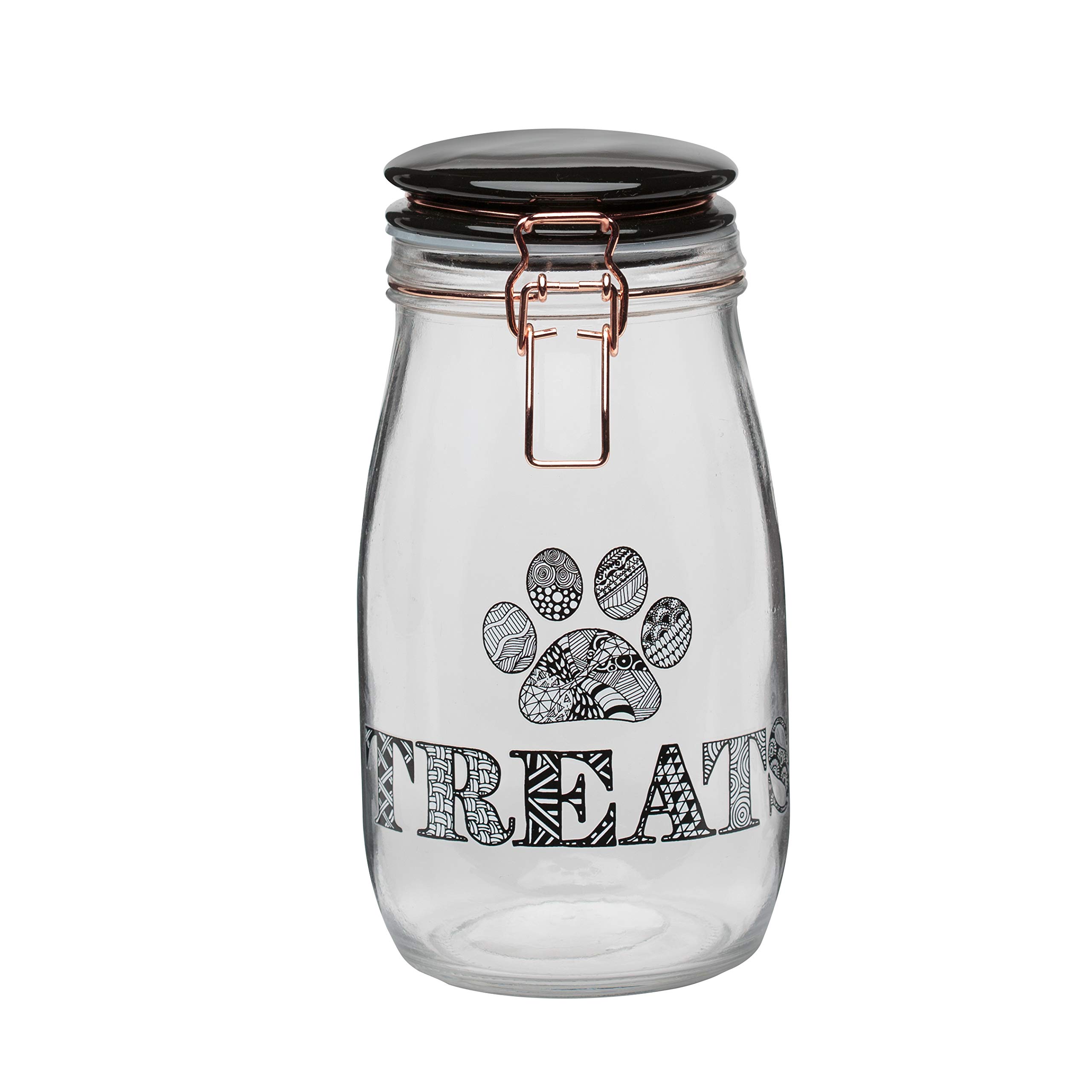 Amici Pet Benji Canister Clear Glass Decorative Treat Storage Container with Zentangle Decal and Hermetic Preserving Lid, 51 Ounce Capacity