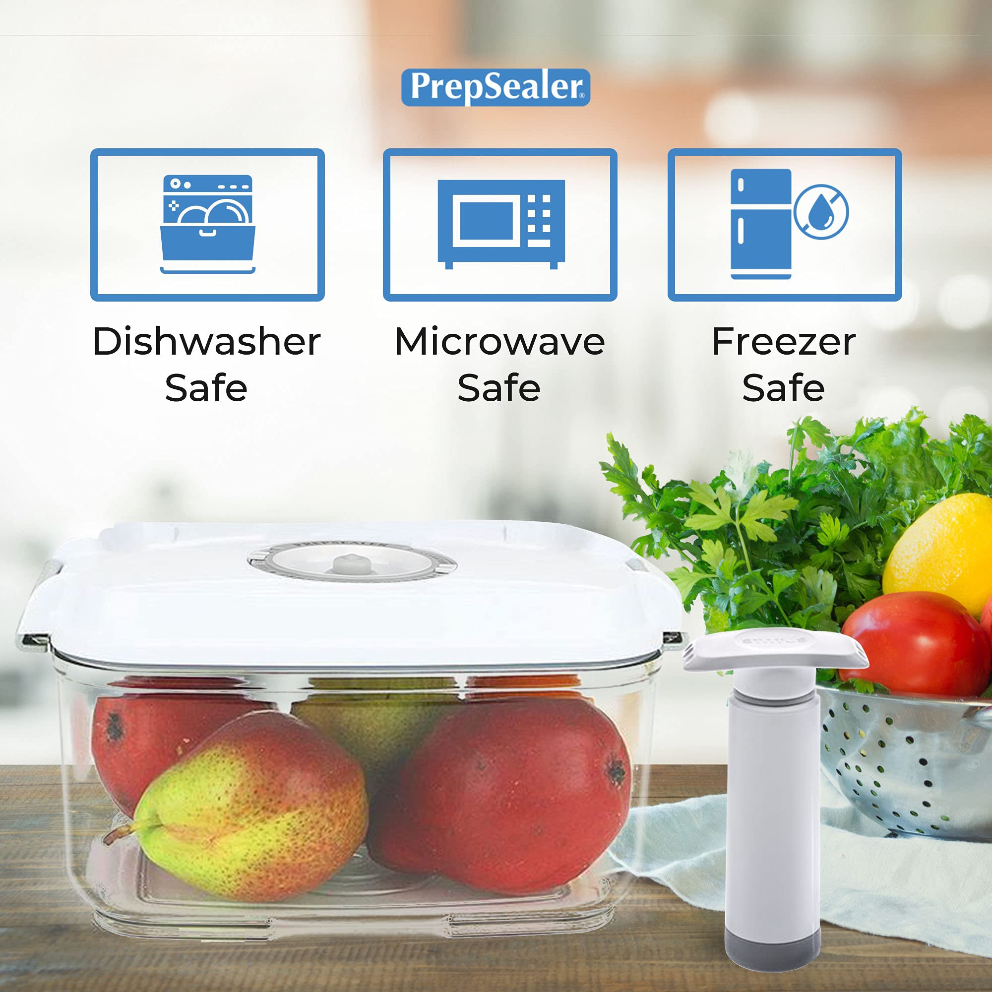 PrepSealer Food Saving Airtight BPA-free Tritan Vacuum Container (2L Rectangle + Pump + Tray) - Marinating, Fruit Keeper