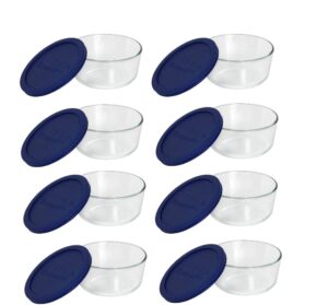 pyrex storage 4-cup round dish with dark blue plastic cover, clear (8-pack, blue)