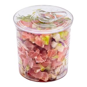 restaurantware restaurantware 4 oz round clear plastic tin can - with lid - 2 1/2" x 2 1/2" x 2 3/4" - 100 count box