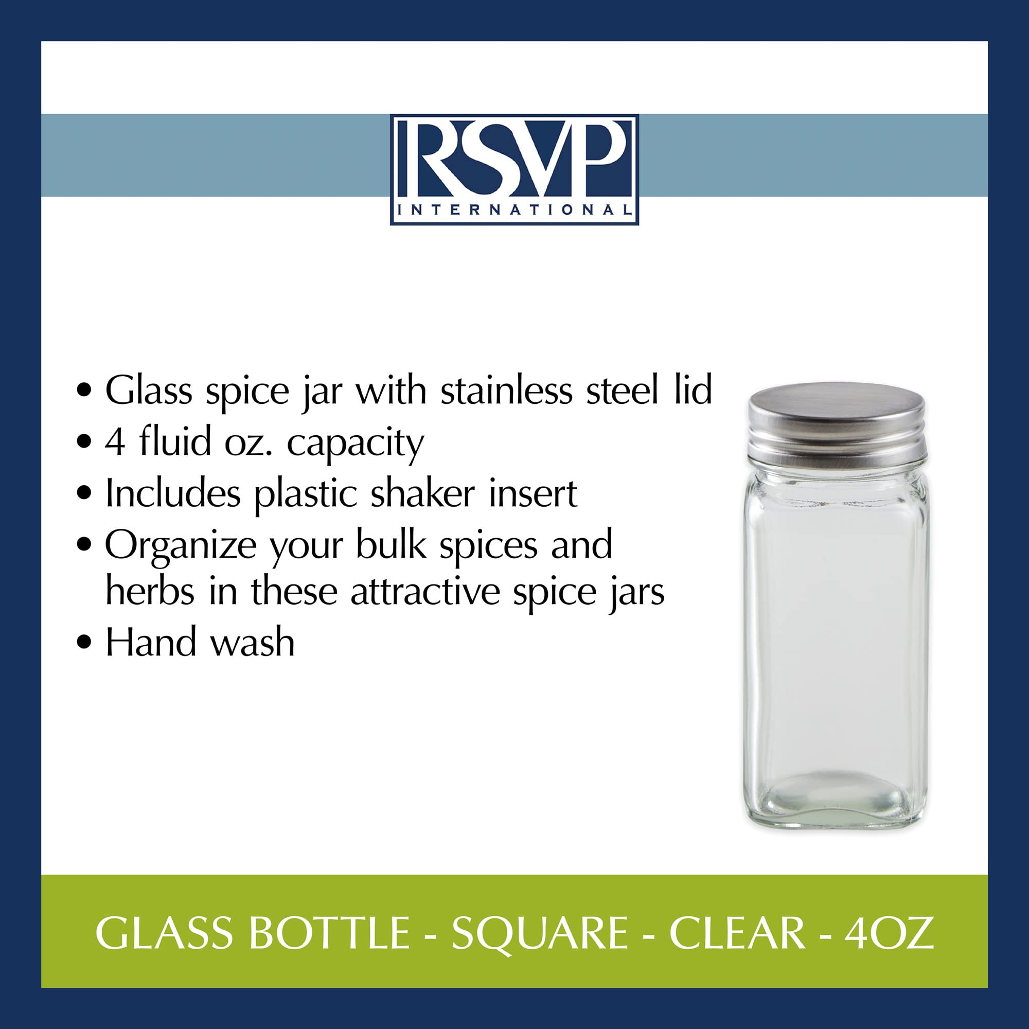 RSVP International Kitchen Storage Collection Glass Spice Jars, Square, 4-Ounce, Clear/Stainless Steel