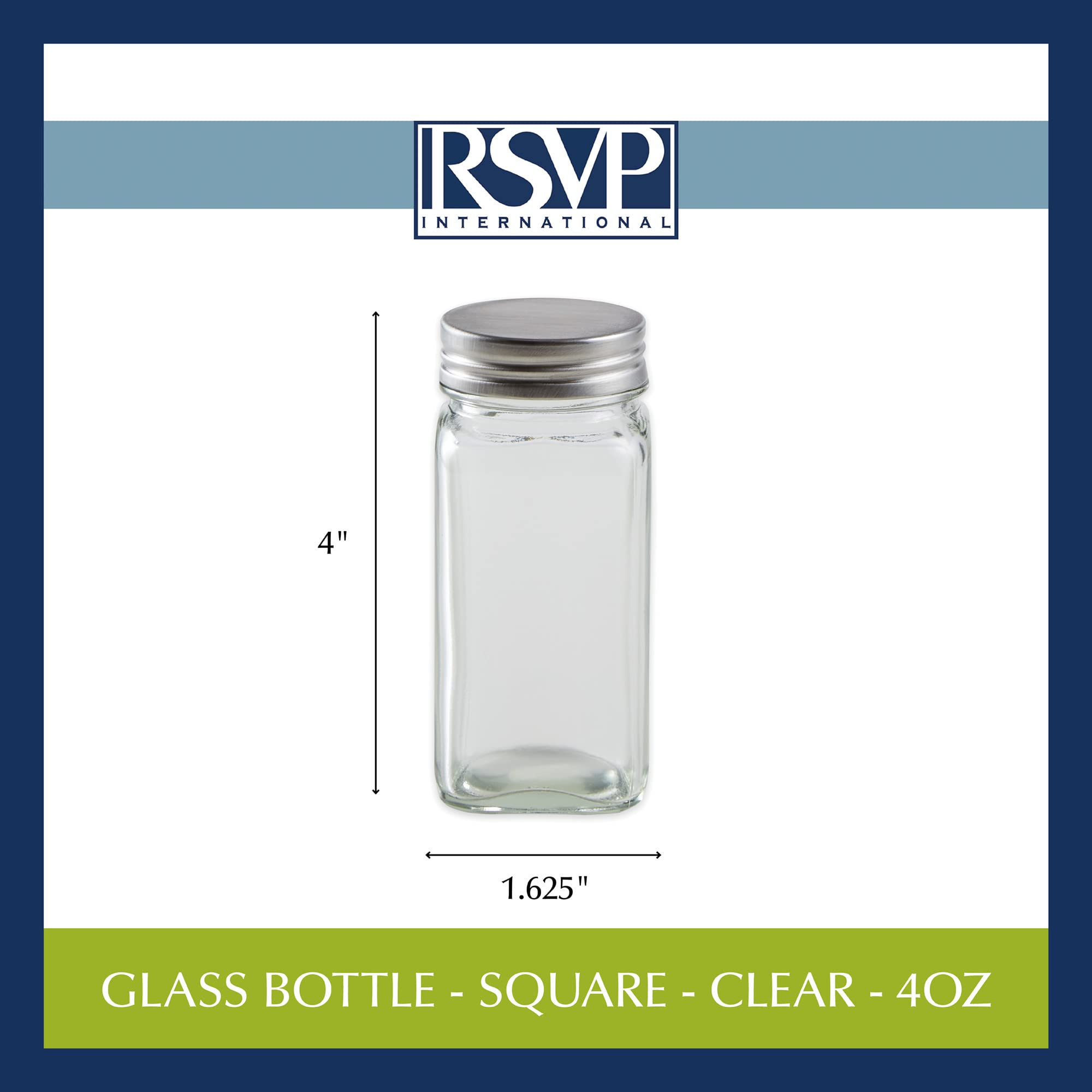 RSVP International Kitchen Storage Collection Glass Spice Jars, Square, 4-Ounce, Clear/Stainless Steel