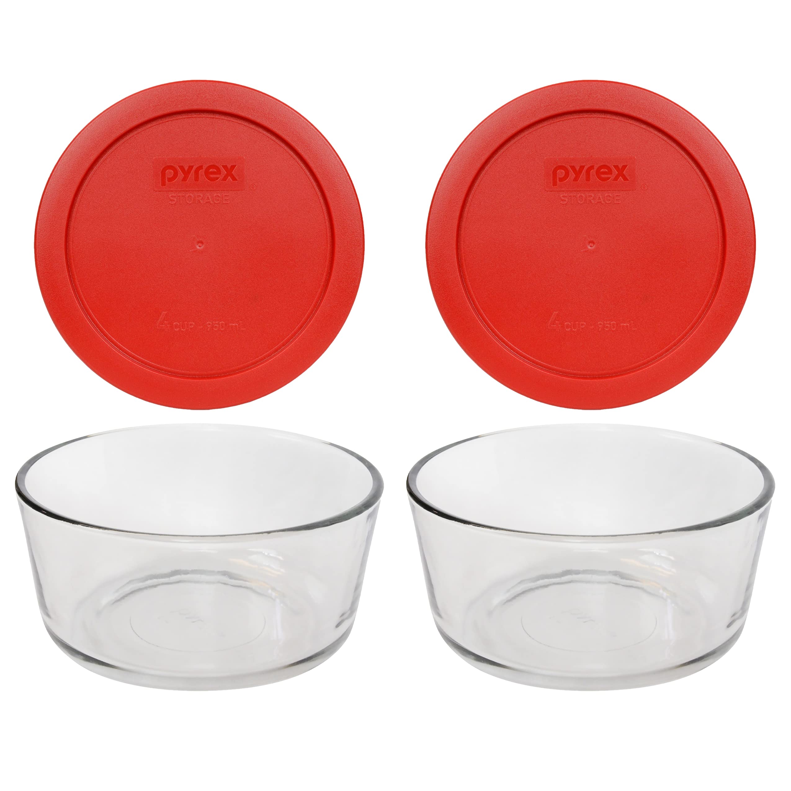 Pyrex (2 7201 4 Cup Glass Bowls & (2) 7201-PC Poppy Red Lids Made in the USA