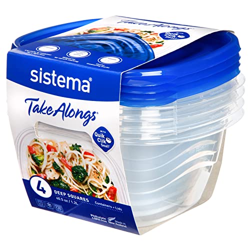 Sistema Takealongs 1.2L Deep Square 4 Pack Food Storage Containers, 1.2 Litre, Clear with Blue Lid