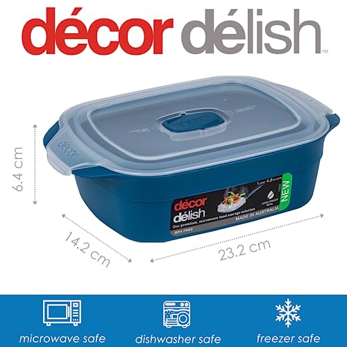 Décor Delish Oblong 1L |Food Storage Container |Leakproof| Ideal for Meal Prep| BPA Free|Dishwasher, Freezer & Microwave Safe, Blue