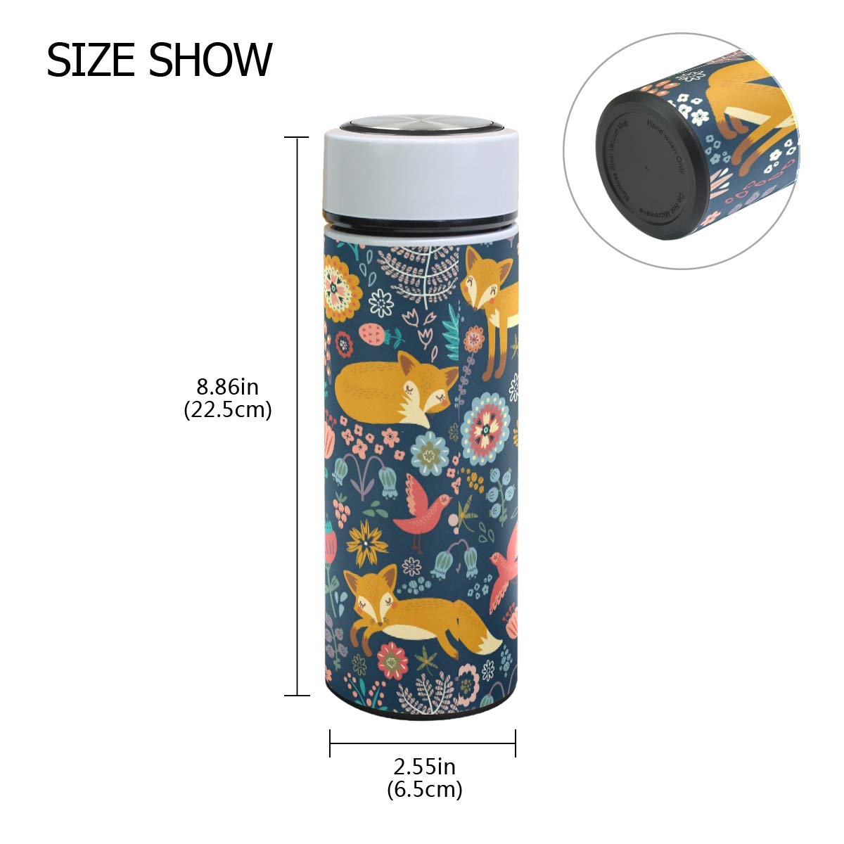 ZZKKO Animal Fox Vacuum Insulated Stainless Steel Water Bottle, Forest Thermos Cup Water Bottle Travel Mug BPA Free Double Walled 17 OZ for Outdoor Sports Camping Hiking Cycling