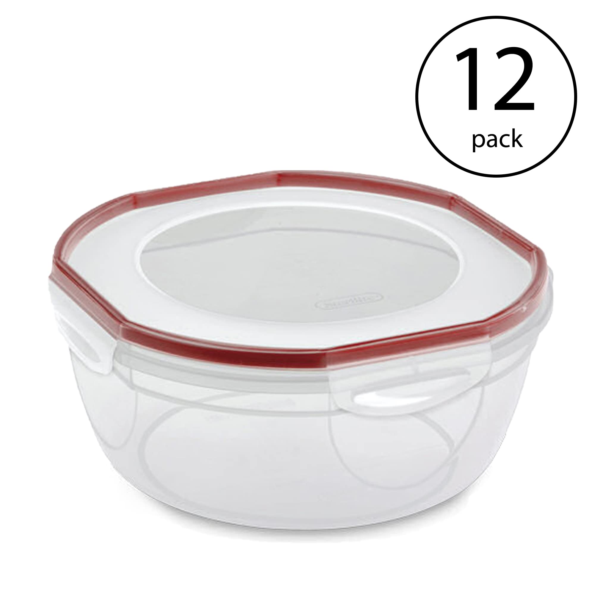 Sterilite Ultra-Seal 4.7 Qt Bowl, Large Airtight Food Storage Container, Latching Lid, Microwave and Dishwasher Safe, Clear With Red Gasket, 12-Pack