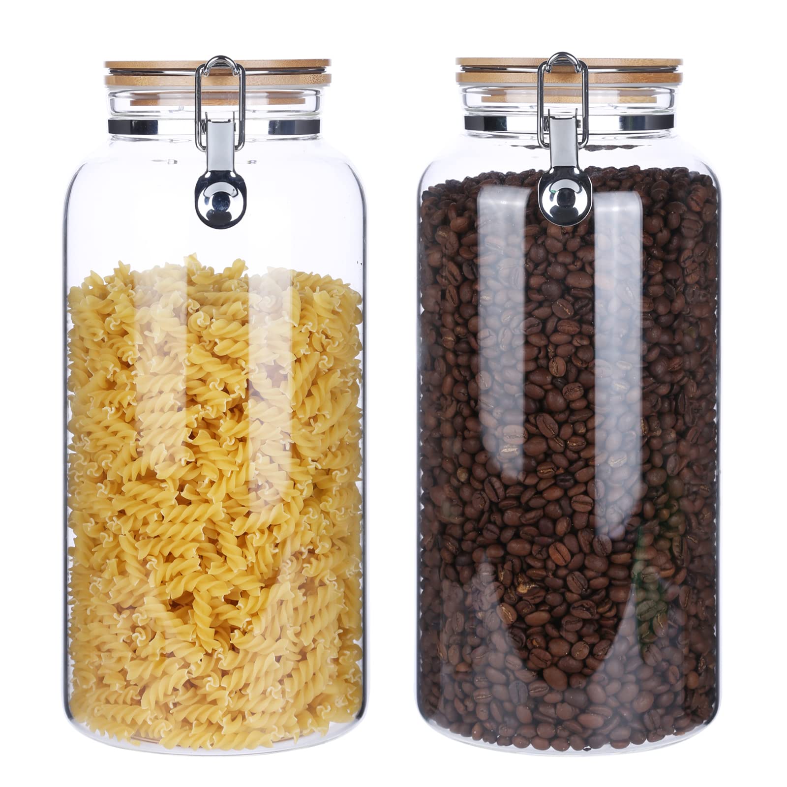 KKC HOME ACCENTS Glass 2 lb Whole Bean Coffee Glass Container with Airtight Hinged Bamboo Lids,32 Ounce Coffee Beans Glass Canisters,Large Sealed Glass Storage Jars for Flour,Sugar,Nut,Pasta,Cereal