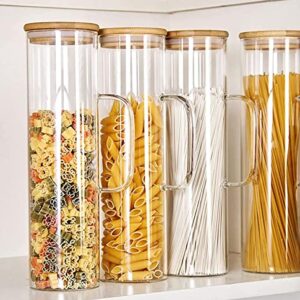 Yiozoi Bamboo Covered Noodle Storage with Handle, High Borosilicate Glass Sealed Kitchen Pasta Food Container