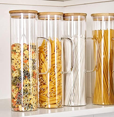 Yiozoi Bamboo Covered Noodle Storage with Handle, High Borosilicate Glass Sealed Kitchen Pasta Food Container