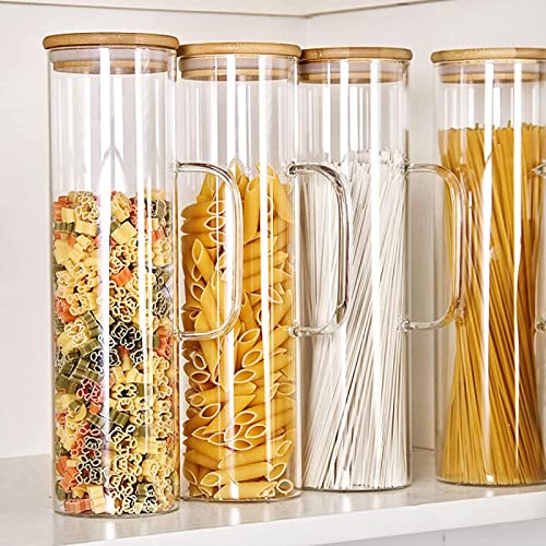 Yiozoi Bamboo Covered Noodle Storage with Handle, High Borosilicate Glass Sealed Kitchen Pasta Food Container