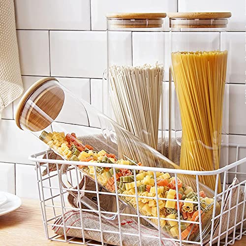 Yiozoi Bamboo Covered Noodle Storage with Handle, High Borosilicate Glass Sealed Kitchen Pasta Food Container