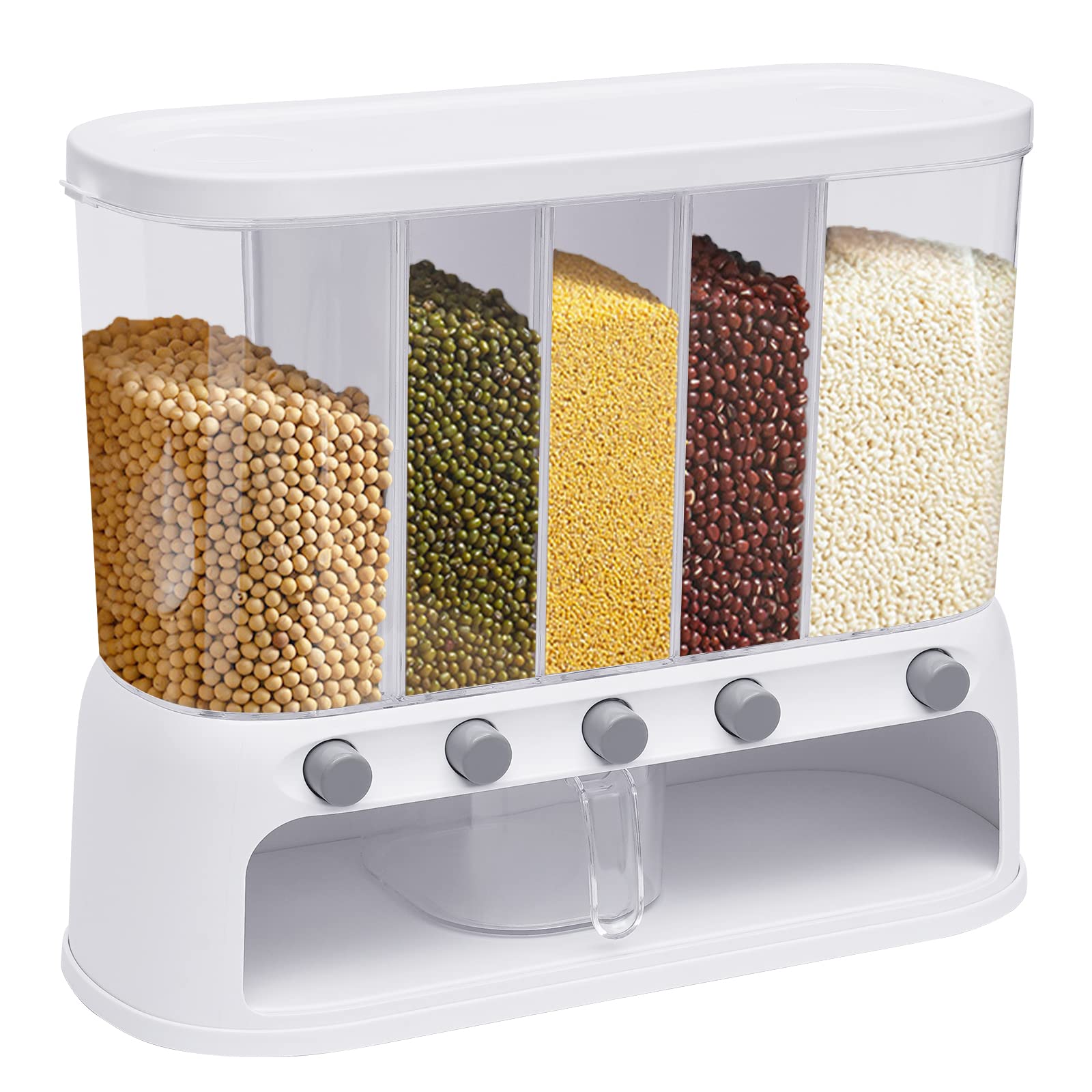 Gdrasuya10 22Lbs Rice and Grain Dispenser, 5-Grid Kitchen Dry Food Container with Airtight Moisture Lid, 1-Click Output Transparent Rice Storage with Measuring Cup for Cereal, Flour, Beans