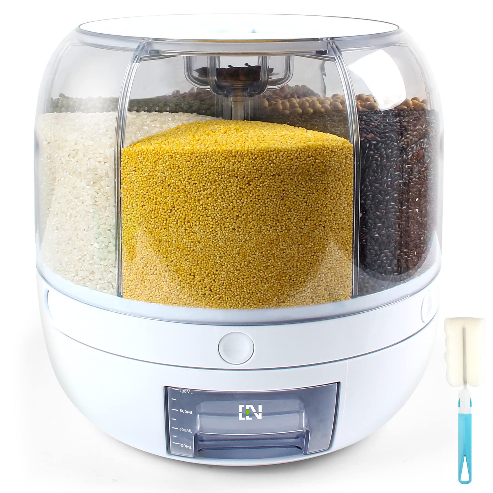 VEITHI Rice Dispenser Rotating 33lbs, 6 Grids Roating Grain container, 360° rotatable One-Click Output Round Rice Container, for Small Grains, Beans, Rice