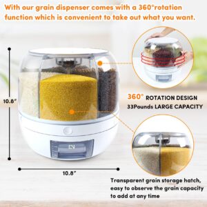 VEITHI Rice Dispenser Rotating 33lbs, 6 Grids Roating Grain container, 360° rotatable One-Click Output Round Rice Container, for Small Grains, Beans, Rice