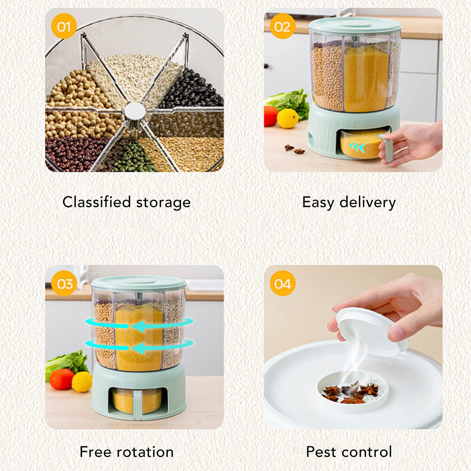 Food Dispenser | 12KG Large Capacity Grain Storage Container | 360° Rotatable | 6 Grid Dry Food Storage Box with Lid | Ideal for All Beans, Barley, Millet, Rice (Green)