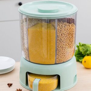 Food Dispenser | 12KG Large Capacity Grain Storage Container | 360° Rotatable | 6 Grid Dry Food Storage Box with Lid | Ideal for All Beans, Barley, Millet, Rice (Green)