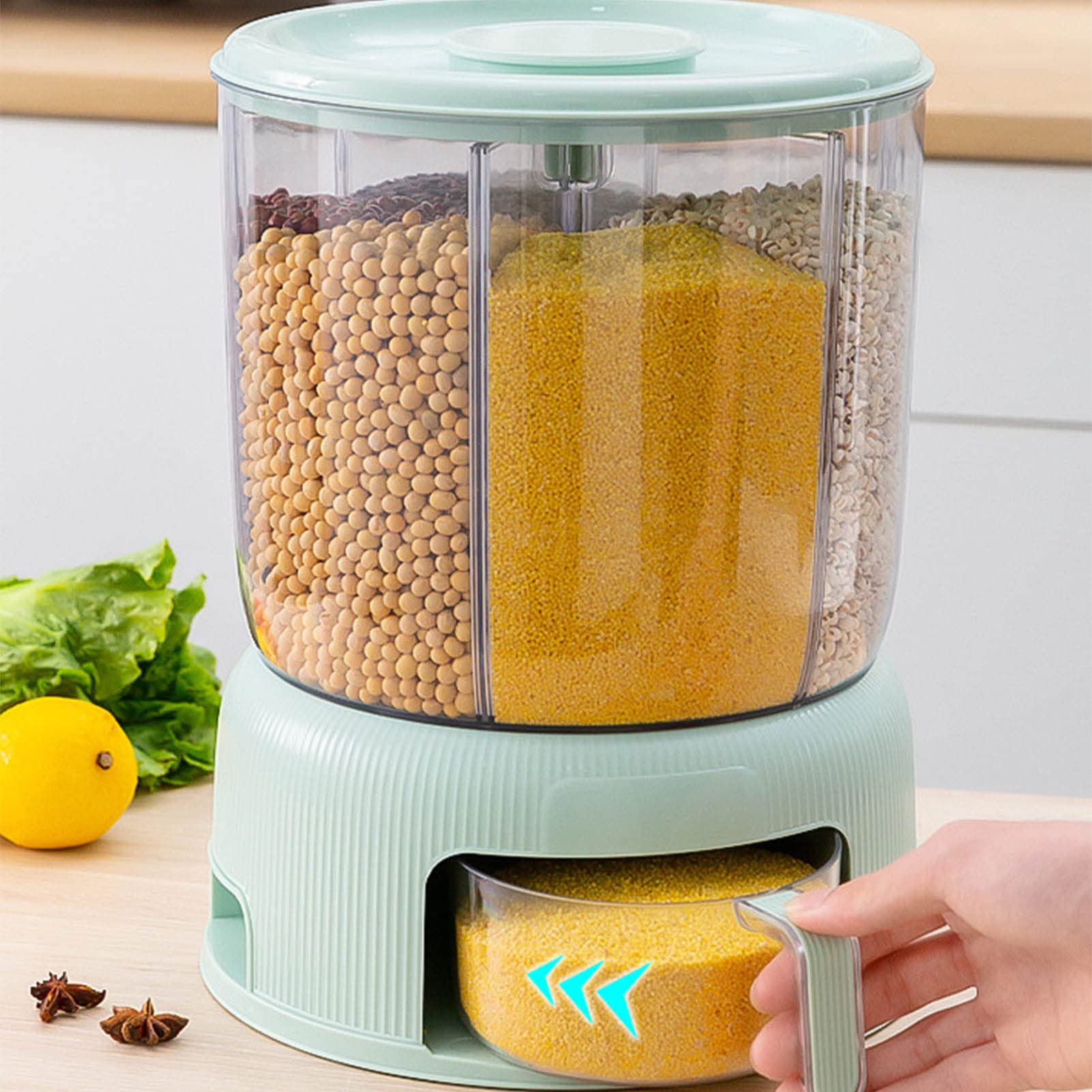 Food Dispenser | 12KG Large Capacity Grain Storage Container | 360° Rotatable | 6 Grid Dry Food Storage Box with Lid | Ideal for All Beans, Barley, Millet, Rice (Green)